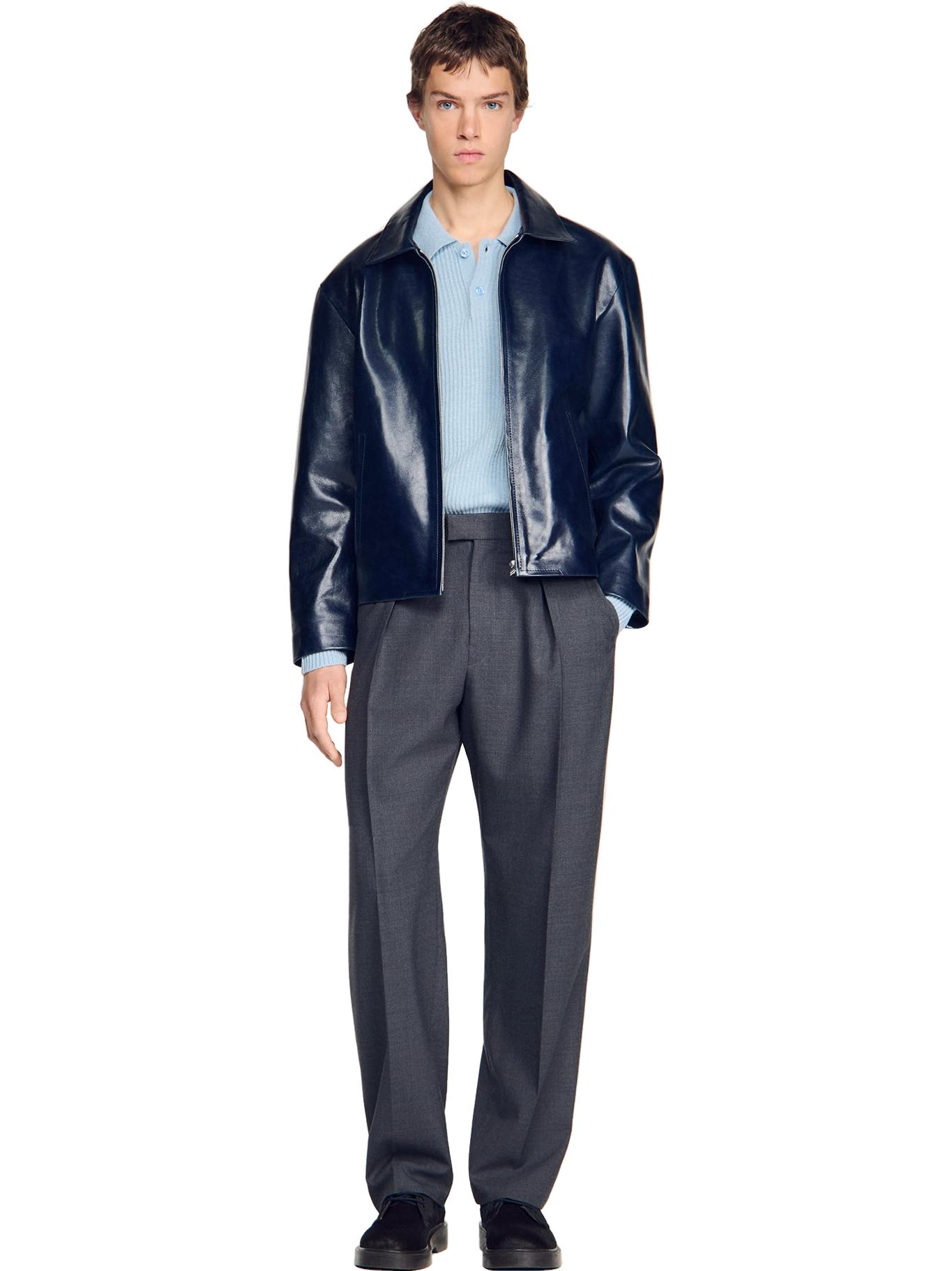 SANDRO Sandro Leather Jacket with Wing Collar and Zip Fastening
